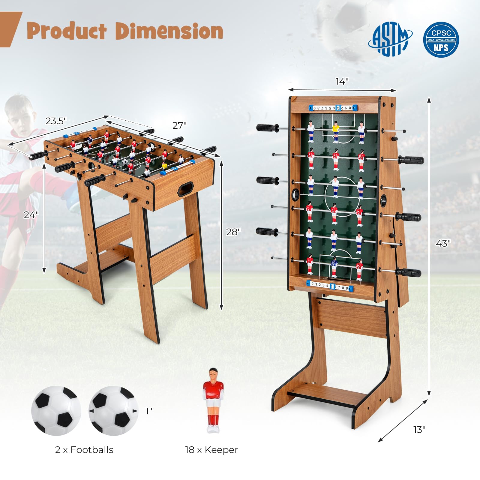 GYMAX Folding Foosball Table, 27” Freestanding Soccer Game Table with 2 Balls for Family, Home, Game Room, Foosball Table for Kids & Adult