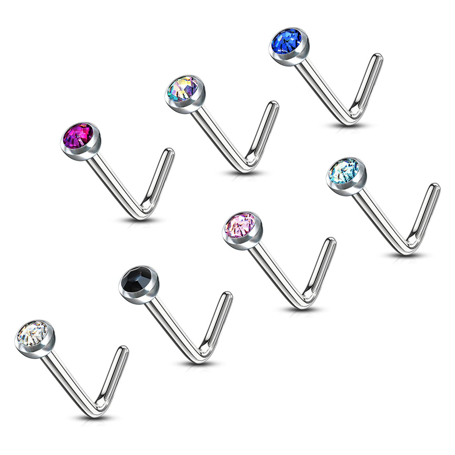 Berry Merry Craft 7 pcs Set 2mm Press Fit Gem 316L Surgical Steel L Bend Screw type Nose Stud Rings 18G 20G (18G 7pcs L Bend), Clear,Blue,Purple