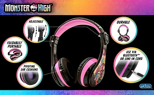 eKids Monster High Bluetooth Headphones for Kids, Wireless Headphones with Microphone Includes Aux Cord, Volume Reduced Kids Foldable Headphones for School, Home, or Travel