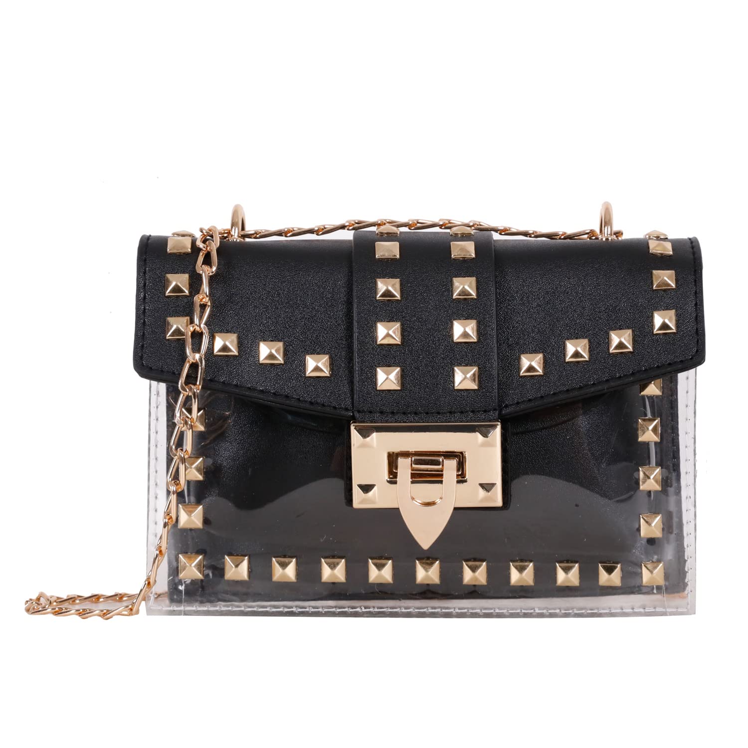 Qiayime Purses and Handbags for Women Fashion PU Leather Chain Transparent Rivet Satchel Shoulder Tote Clutch Crossbody Bag (black)