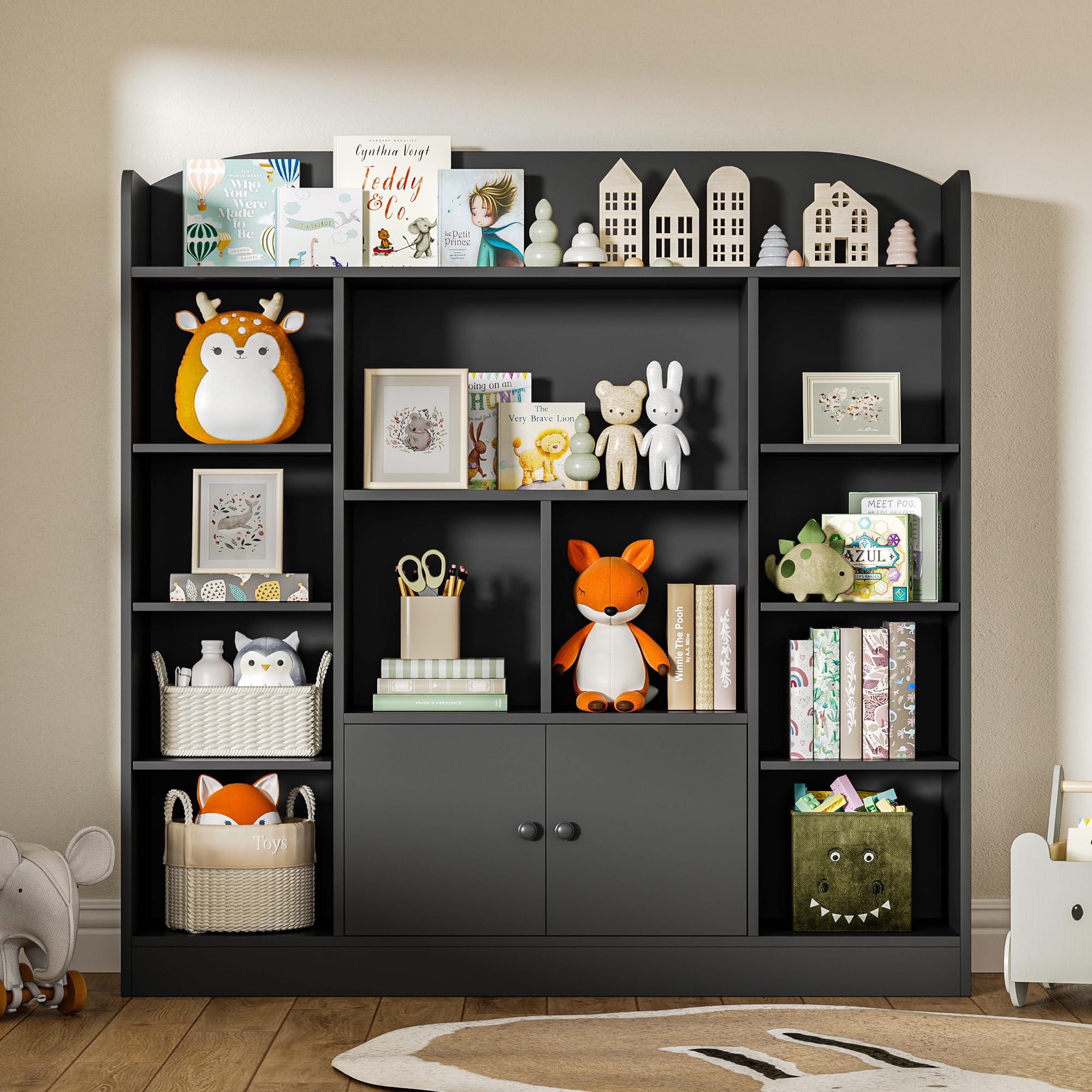 DIYART White Kids Bookshelf, Kids Bookcase with 11 Cubbies and 2 Cabinets, Freestanding Book Storage Shelves for Bedroom, Playroom, Hallway