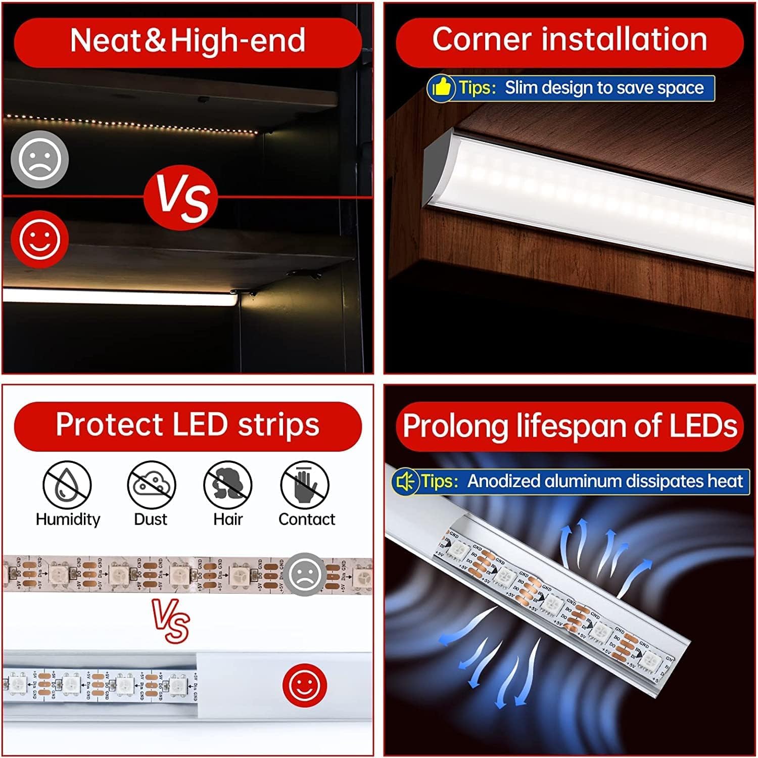 Cabinet Lighting, 4pcs 12" V-Shape Bright LED Light Bars for Under Cabinet, Gun Safe, Locker, Closet, Under Counter, Shelf, Showcase - 1200lm 12W - Pure White (6000K)