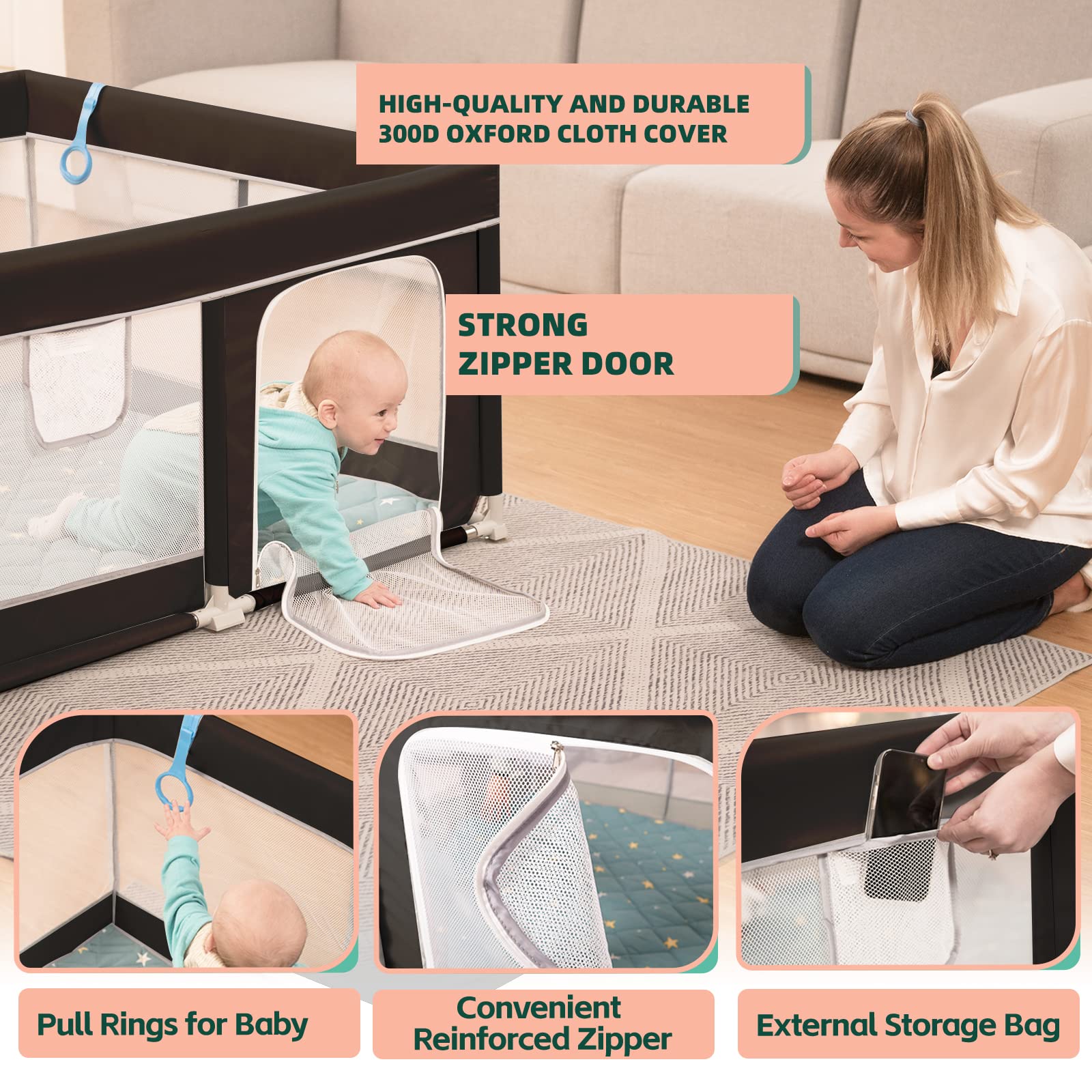 Baby Playpen with Mat, Baby Playyard with Mat 2.2lb Thicker Cotton Play Mat, Easy to Install Playyard with Mat, Sturdy Playpen with 0.2IN Protection Cover, Storage Bag,4 Pull Rings