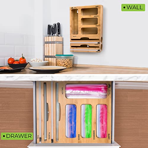 Declutter - Bamboo Ziploc Bag Organizer with Dual Dispensers and Cutters - Kitchen and Home Organization Tool for Gallon, Quart, Sandwich, Snack Bags - Fits in Kitchen Cabinets and Drawers