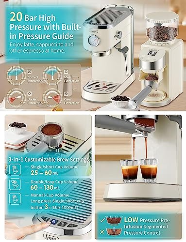 Gevi 20 Bar Professional Espresso Coffee Machine with Milk Frother/Steam Wand for Espresso, Latte and Cappuccino, with 35 Precise Grind Settings Burr Coffee Grinder