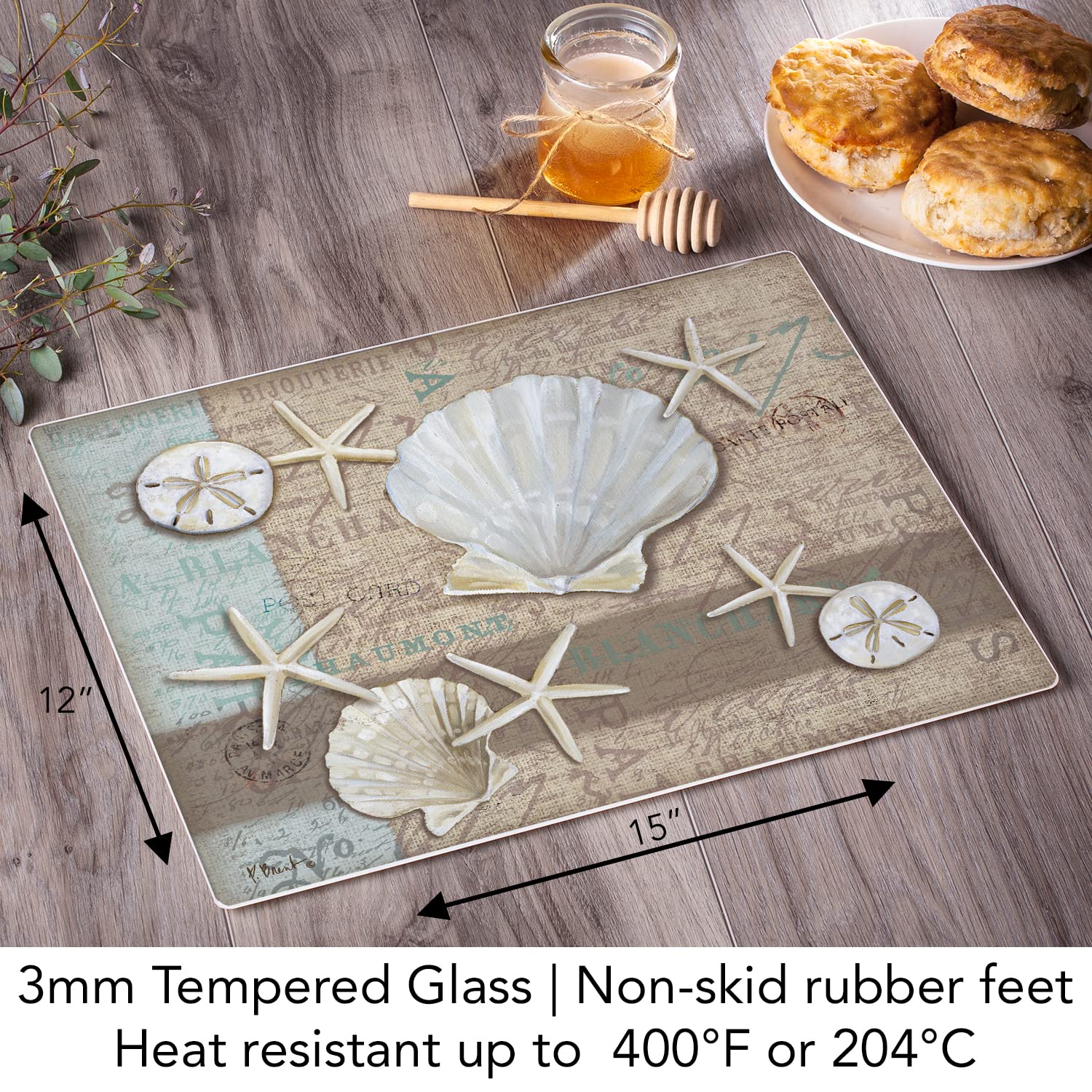 CounterArt Linen Shells 3mm Heat Tolerant Tempered Glass Cutting Board 15β x 12β Manufactured in the USA Dishwasher Safe
