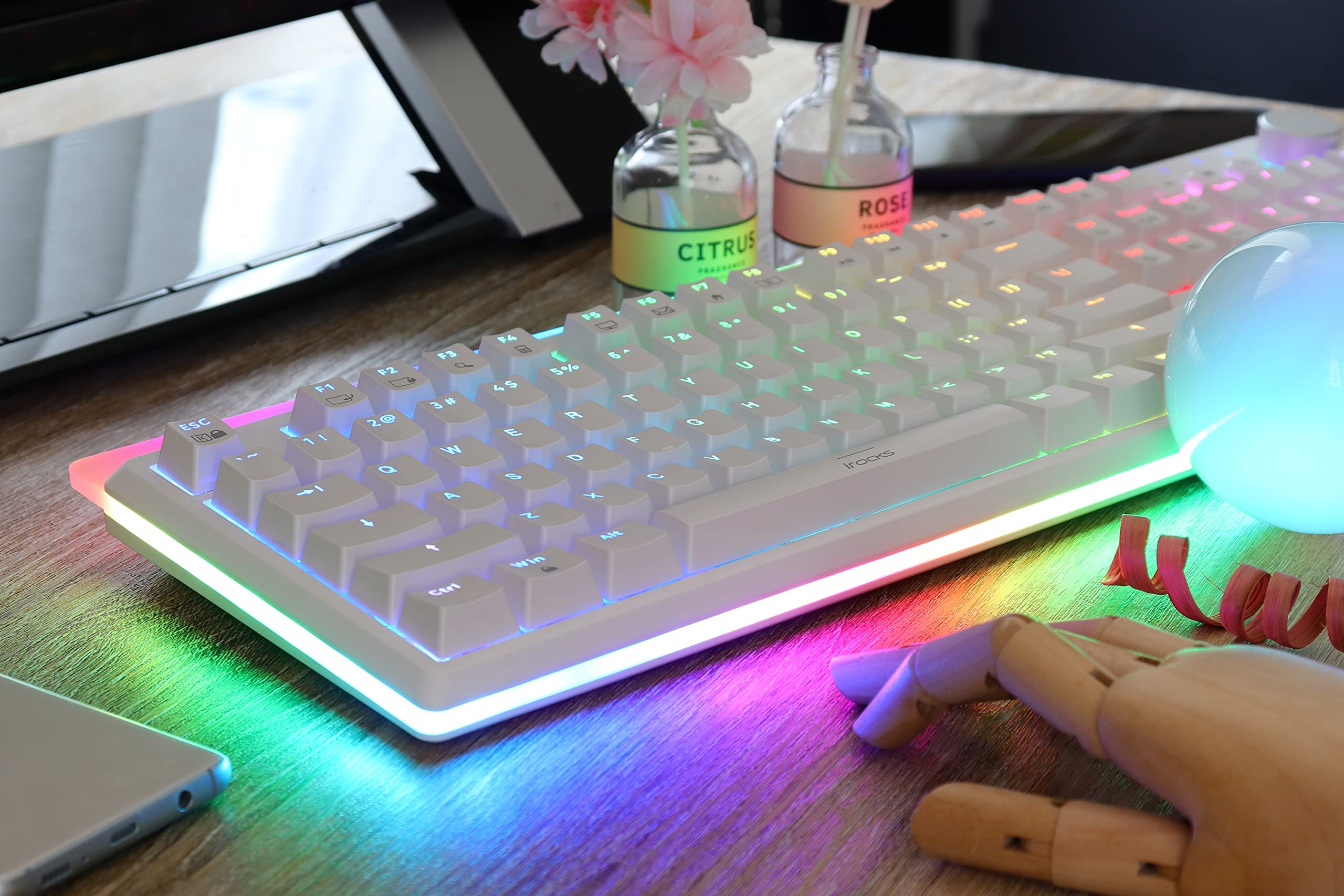 i-rocks K71M RGB Mechanical Gaming Keyboard with Media Control Knob, Gateron Switches (Brown), 107 Keys w/Full NKRO, PBT Keycaps, Multimedia Hotkeys, Detachable USB-C Cable and Onboard Storage, White