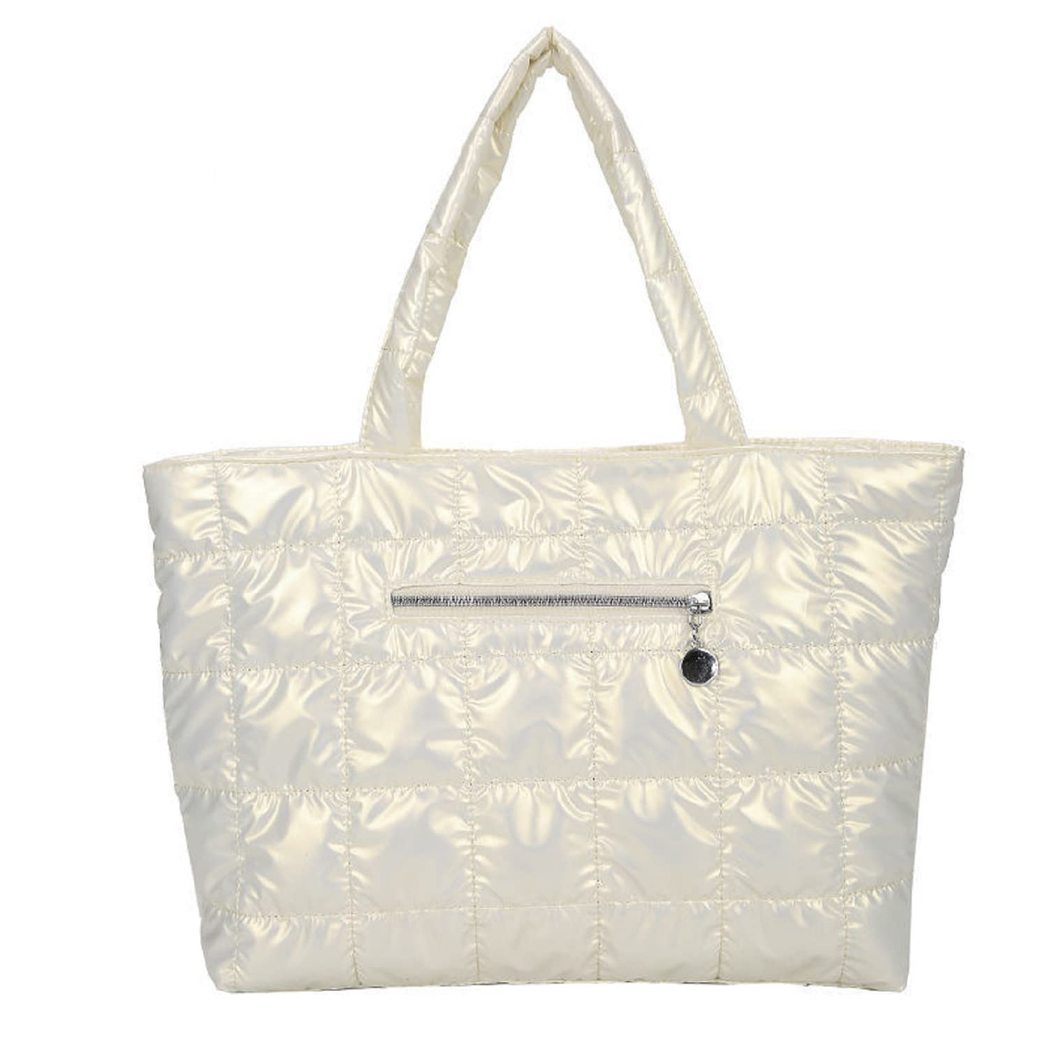 Qvenou Large Puffer Tote Bag for Women Lightweight Quilted Handbag Down Cotton Padded Shoulder Bag Large Capacity Down Padding Tote Bag-Off-white