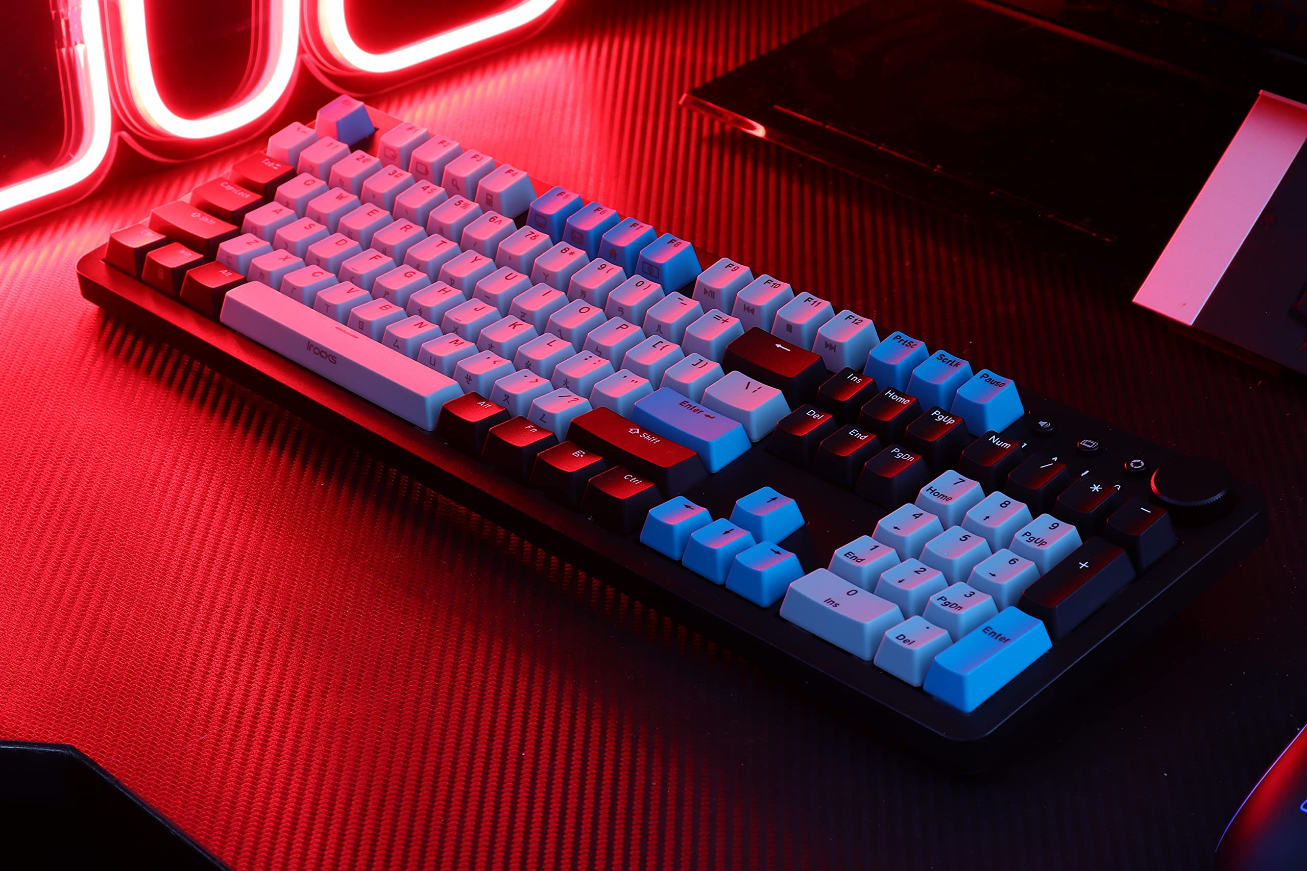 i-rocks K73M Mechanical Gaming Keyboard with Media Control Knob, 107 Keys, PBT Keycaps, Multimedia Hotkeys, Detachable USB-C Cable (Cherry MX Brown Switches, Cyberpunk Blue)