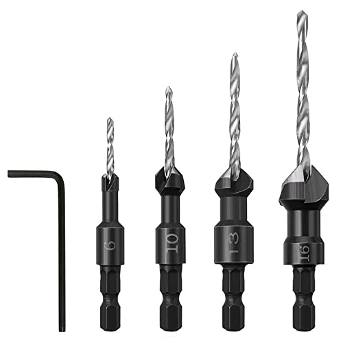 Countersink Drill Bits Set - 1/4 Inch Hex Shank Tapered Drill Bits, Quick Change Wood Woodworking Counter Sinker Drill Bit with Hex Wrench Screw Pilot Hole Drilling Tools for Wood Plastic,4Pcs