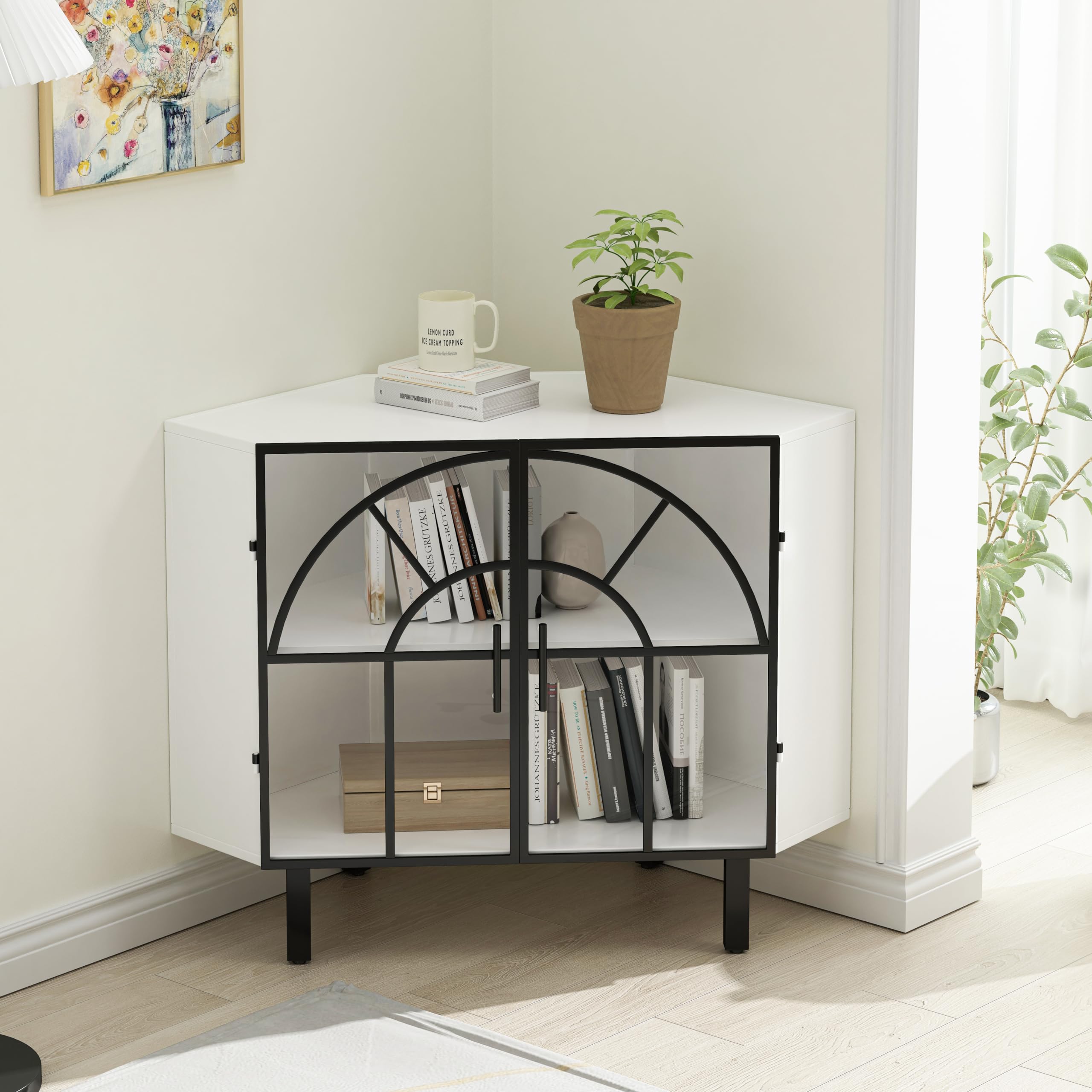 CuisinSmart Corner Cabinet 37.40 inch Corner Table Sideboard Cabinet with 2 Doors and 2-Tier Shelves Free-Standing Metal Frame Storage Shelf Organizer for Living Room Kitchen Bedroom Bathroom White