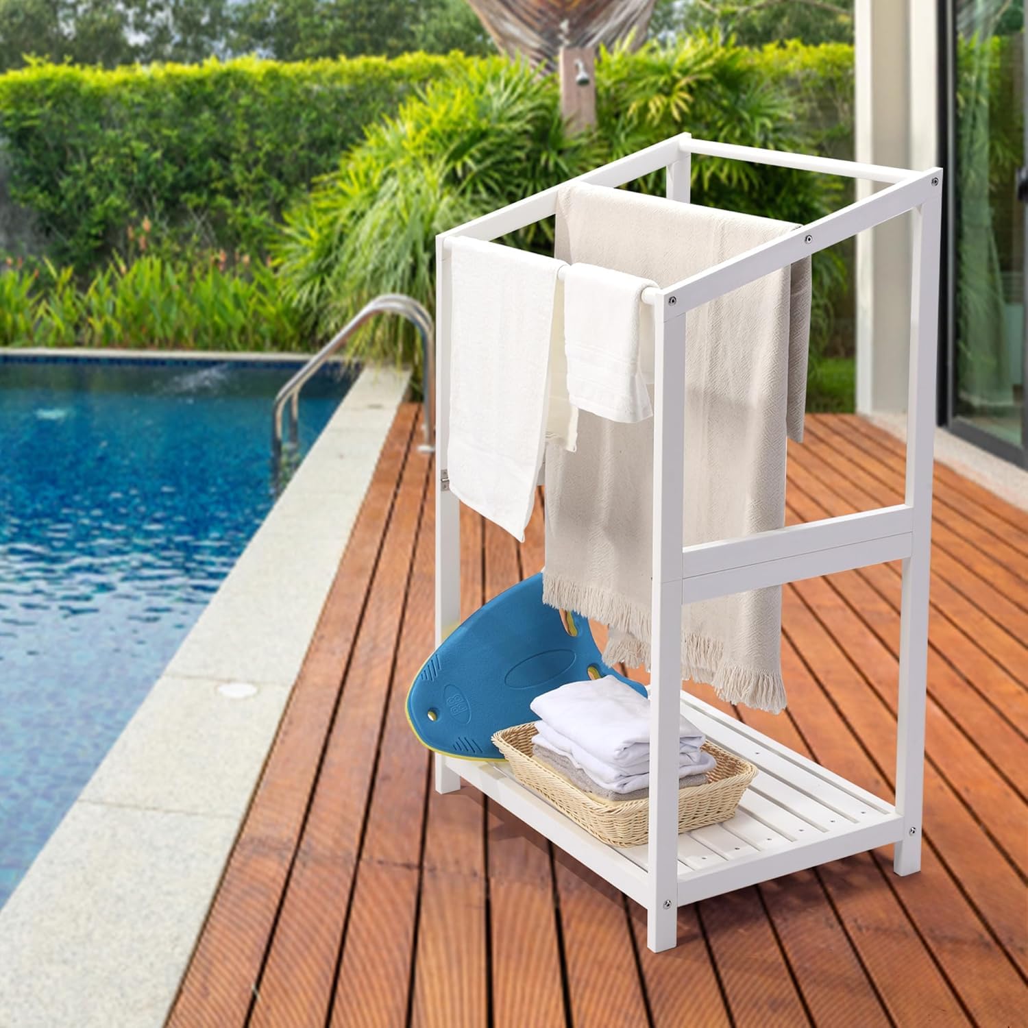 EFURDEN Pool Towel Rack, 3 Tier Freestanding Poly Lumber Towel Holders, Blanket Drying Stand Holder with Bottom Storage Shelf for Swimming Pool, Outdoor, Bathroom, White