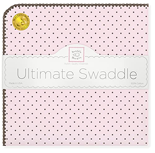 SwaddleDesigns Large Receiving Blanket, Ultimate Swaddle for Baby Girls, Softest US Cotton Flannel, Best Shower Gift, Made in USA, Brown Polka Dots on Pastel Pink (Mom's Choice Award Winner)
