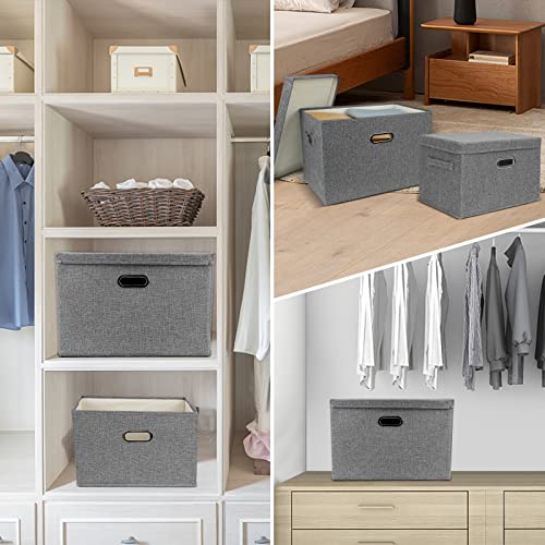 DAYARD Foldable Storage Boxes with Lids Linen Fabric Stackable Storage Bins Organizer Containers Baskets Cube with Cover for Closet Office Nursery, Grey Large (18 x 12 x 12)