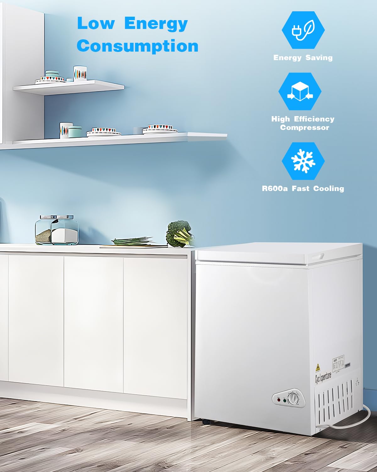 EUASOO 5 Cu.Ft Chest Freezer with a Removable Basket 7 Gears Adjustable Temperature Control(-18°F to -46°F), Deep Compact Freezer for Garage, Office, Basement, House, Kitchen, Shop, RVs-White