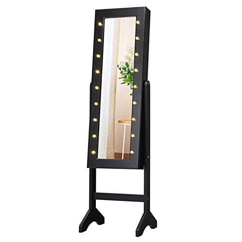 Giantex Standing Jewelry Armoire with 18 LED Lights Around the Door, Large Storage Mirrored Jewelry Cabinet with Full Length Mirror, 16 Lipstick Holders, 1 Inside Makeup Mirror (Black)