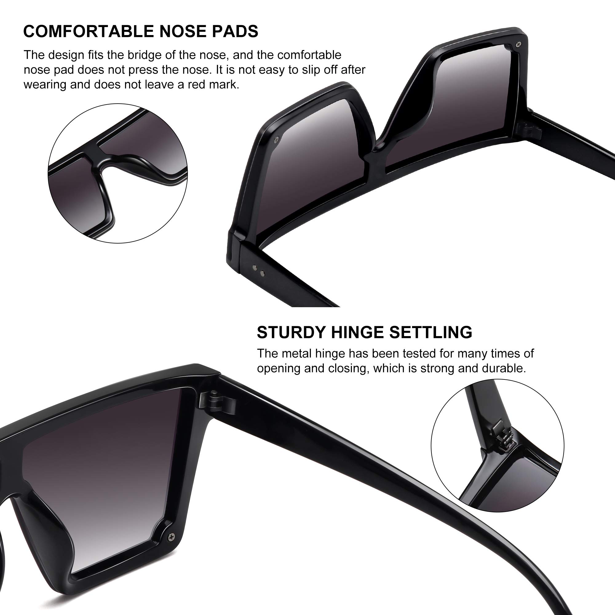 STORYCOAST Square Sunglasses for Women Men Fashion Big Frame Flat Top Sun Glasses Mirror Lens (Bright Black-Gradient Gray)