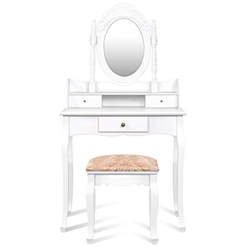 Giantex Vanity Set Makeup Dressing Table with Mirror, White Vanity Tables for Bedroom Bathroom Large Dress Table Vanity Desk with Padded Bench Chair, Vanities with Stool