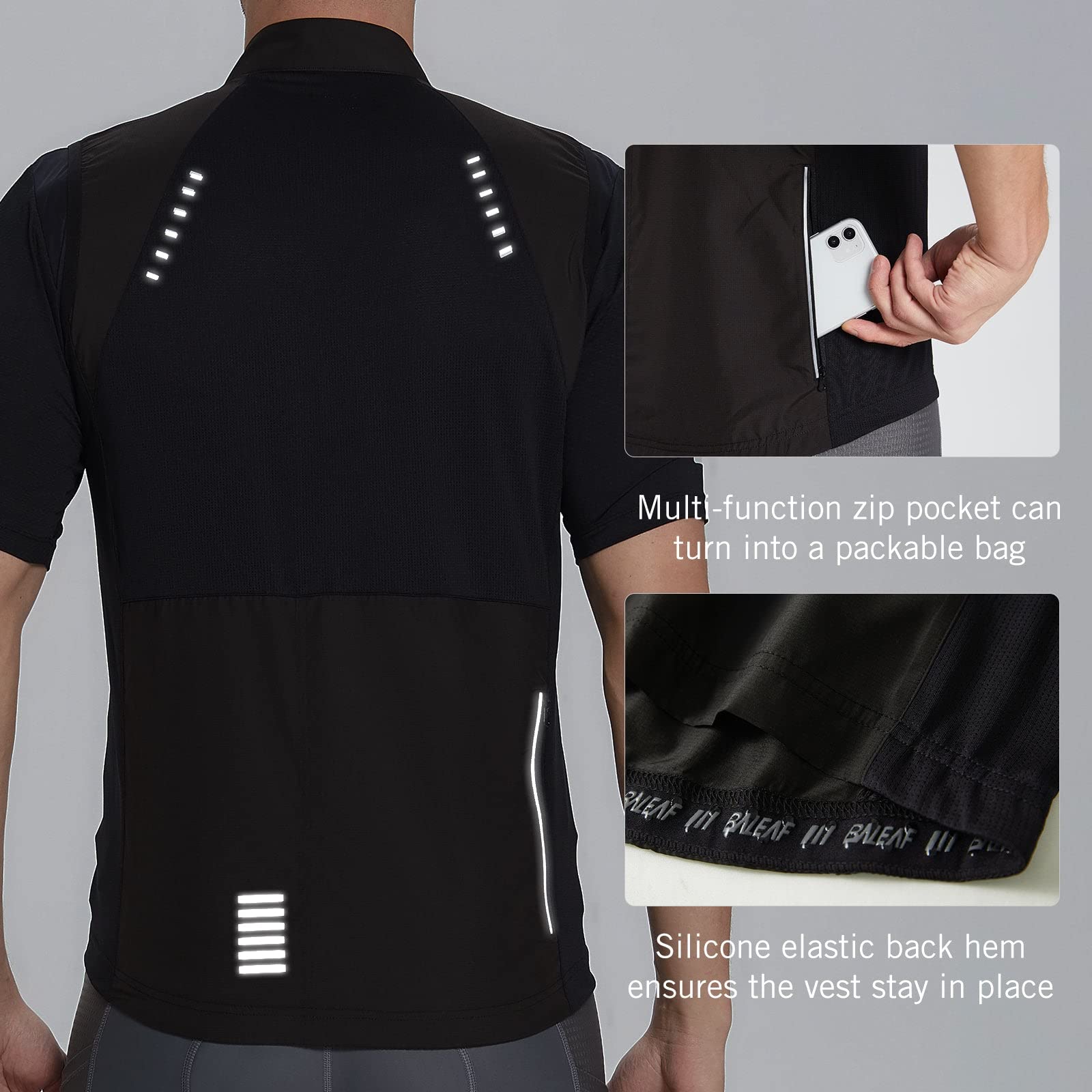 BALEAF Men's Sleeveless Cycling Vest Windproof Bike Jersey Lightweight Reflective Packable Pockets Golf Running, Black XL