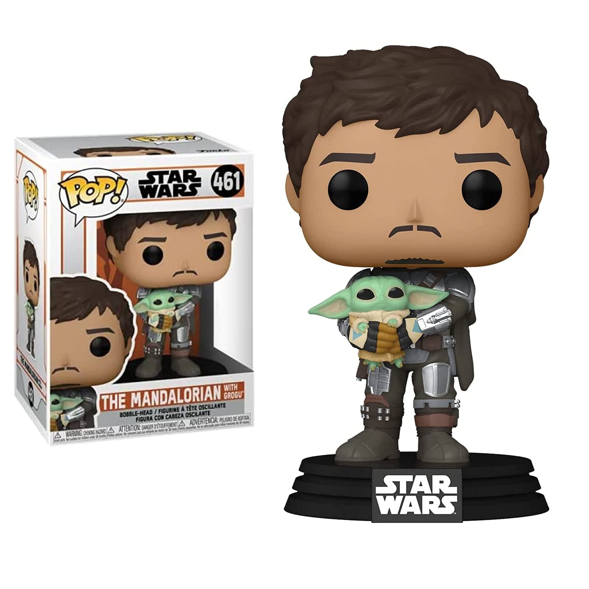 Funko Pop Bundle - 1 Star Wars: The Mandalorian - Mandalorian (Din Djarrin) Holding The Child (Grogu) Vinyl Figure with PET Plastic Box Protecter