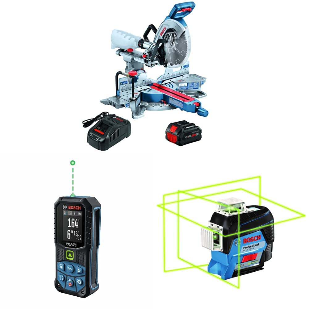 BOSCH GCM18V-10SDN14 18V PROFACTOR 10" Slide Miter Saw Kit w/ (1) 8.0 Ah CORE Performance Battery, GLM165-27CGL 165' BLAZE™ Ergonomic Cordless Green Laser Measure, GLL3-330CG 12V Max 360⁰ Connected