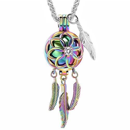 Cremation Jewelry Dream Catcher Urn Necklace for Ashes for Women Men Feather with Angel Wing Keepsake Memories Hollow Urn Pendant for Human Pet Ashes(Colorful)