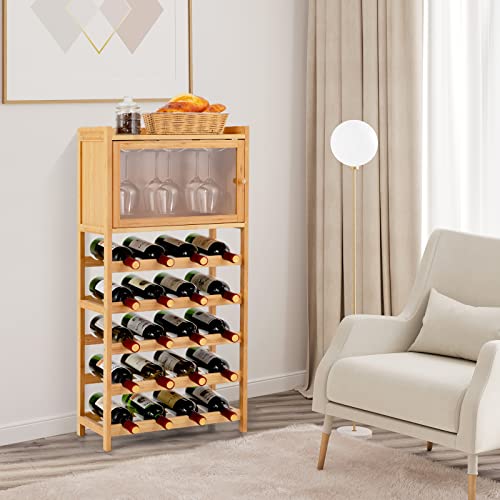 COSTWAY Freestanding Wine Rack, 20-Bottle Wine Display Shelf w/ 100% Bamboo Material, Glass Holder, Transparent Cabinet Door, Vertical Wine Bar Cabinet Organizer for Kitchen, Pantry, Home Bar