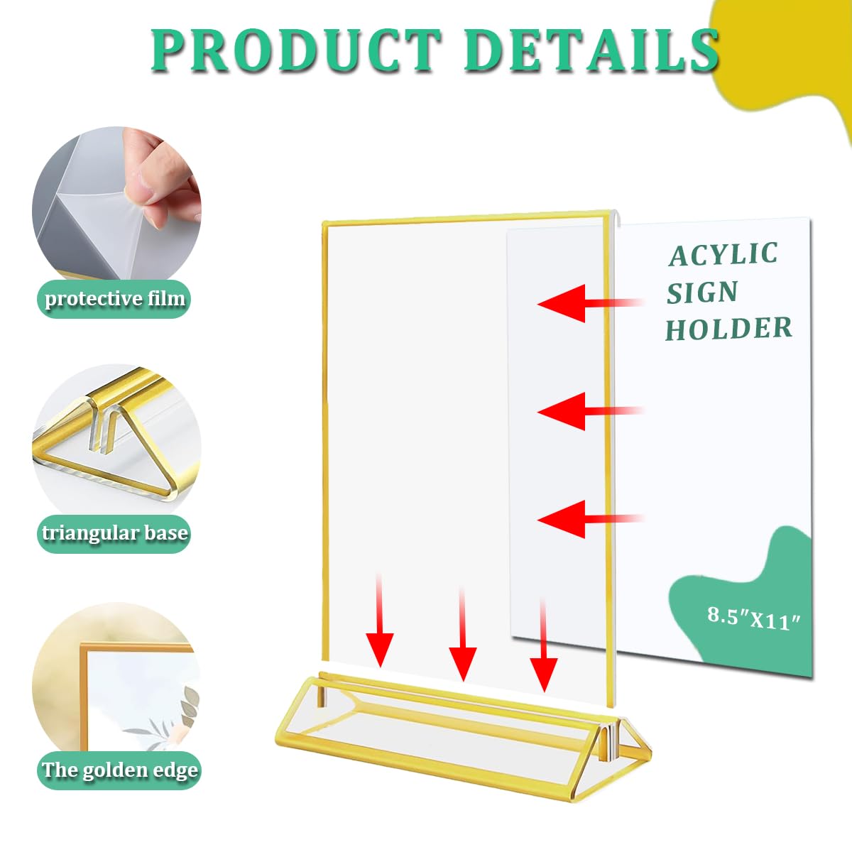 Cashger 8.5X11 Clear Sign Holder, Wedding Table Sign Double Sided Holder, Set of 6 Clear Acrylic Frames with Gold Border for Menus, Numbers, and Decor