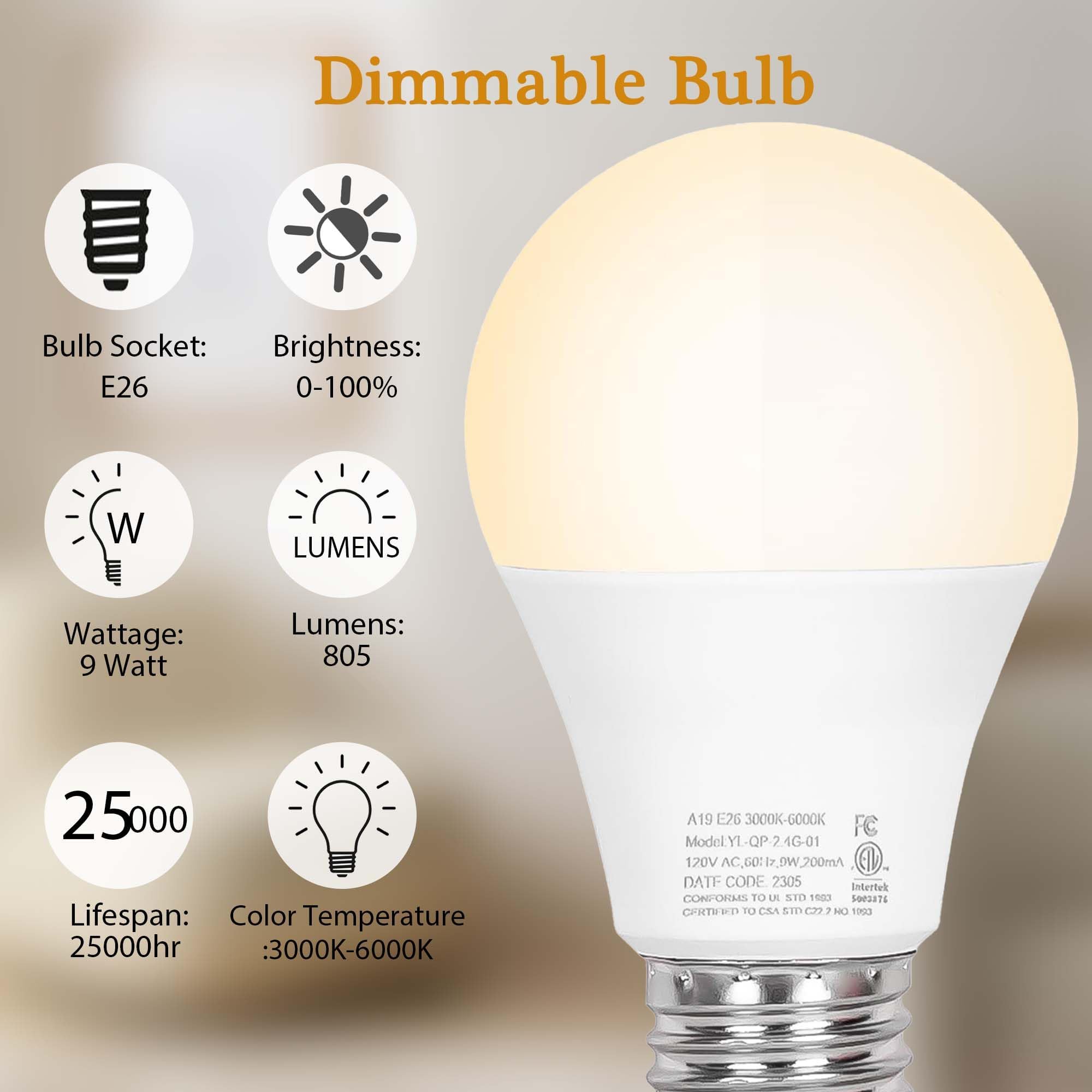 Casia 3 Pcs A19 LED Bulbs with 1 Remote Control, 9W LED Bulbs, E26 Base, 805 LM, Dimmable LED Bulb for Floor Lamps, Pendant Lamps, Table Lamps (3)