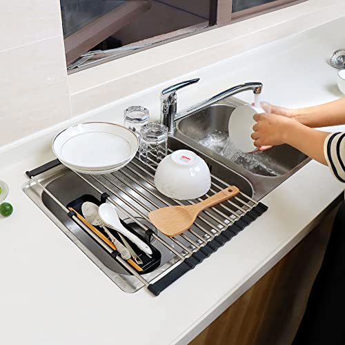 DMJWAN Roll Up Dish Drying Rack,Foldable Sink Rack with 2 Storage Baskets, Rollup & Stretchable,SUS304 Stainless Steel , for Kitchen Dishes,(Expandable Size22.8" X 12.7")
