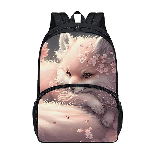 DMOYALA Cute Fox Love Backpack for Girls and Boys Cute Fox Baby Blossom Pink Backpacks with Water Bottle Pocket Lightweight Canvas Back to School Supplies