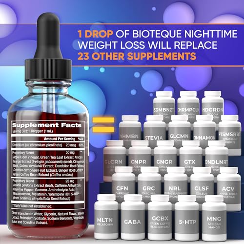 BIOTEQUELAB Night Time Weight Loss Diet Drops - Appetite Control, Fat Burner, Metabolism Booster - Apple Cider Vinegar - Cinnamon - Cayenne Pepper