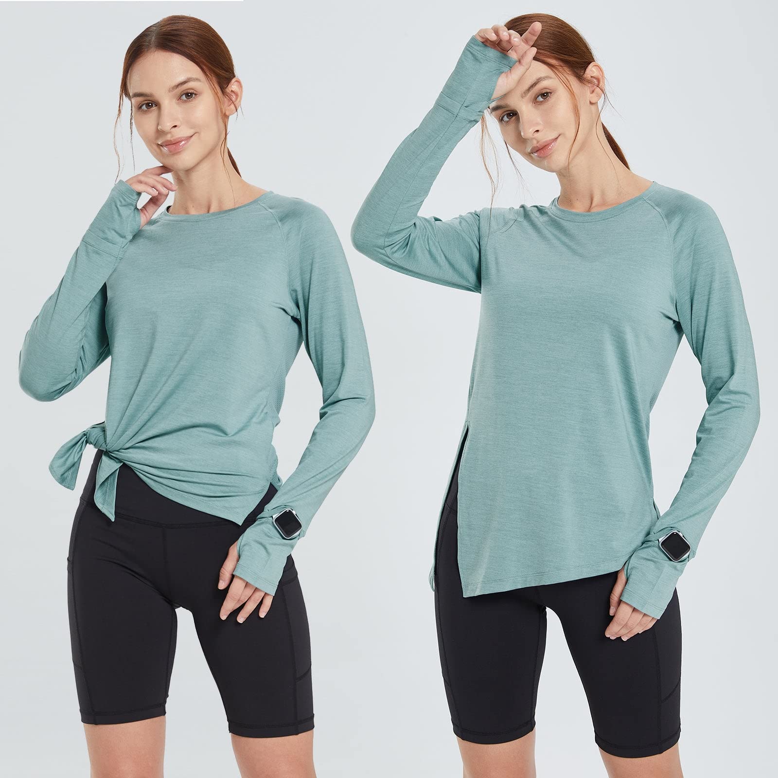 BALEAF Women's UPF 50+ Long Sleeve Sun Protection Shirts SPF Hiking Shirts Quick Dry Tie Front Side Slit Running Blue XL