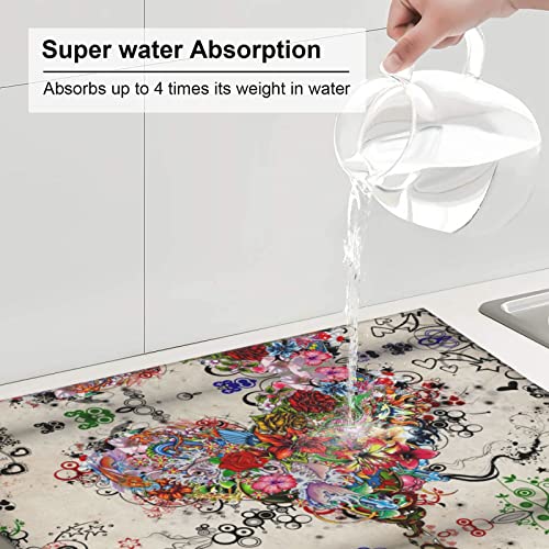 Love Heart Painting Printed Drying Mat For Kitchen Ultra Absorbent Microfiber Dishes Drainer Mats Non-Slip Silicone Quick Dry Pad - 18 X 16inch