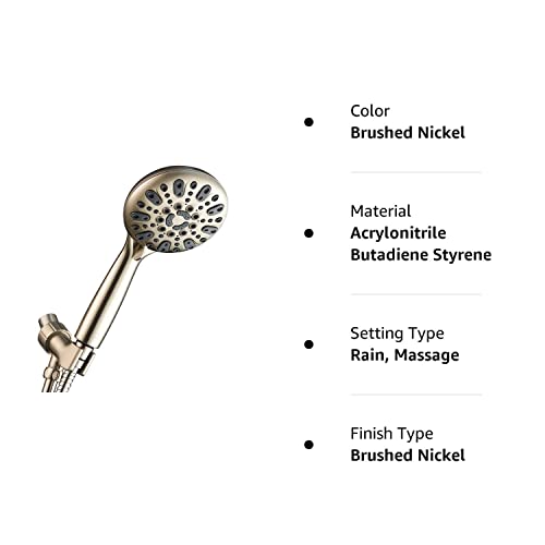 Couradric Handheld Shower Head, 6 Spray Setting High Pressure Shower Head with Brass Swivel Ball Bracket and Extra Long Stainless Steel Hose, Brushed Nickel, 5"