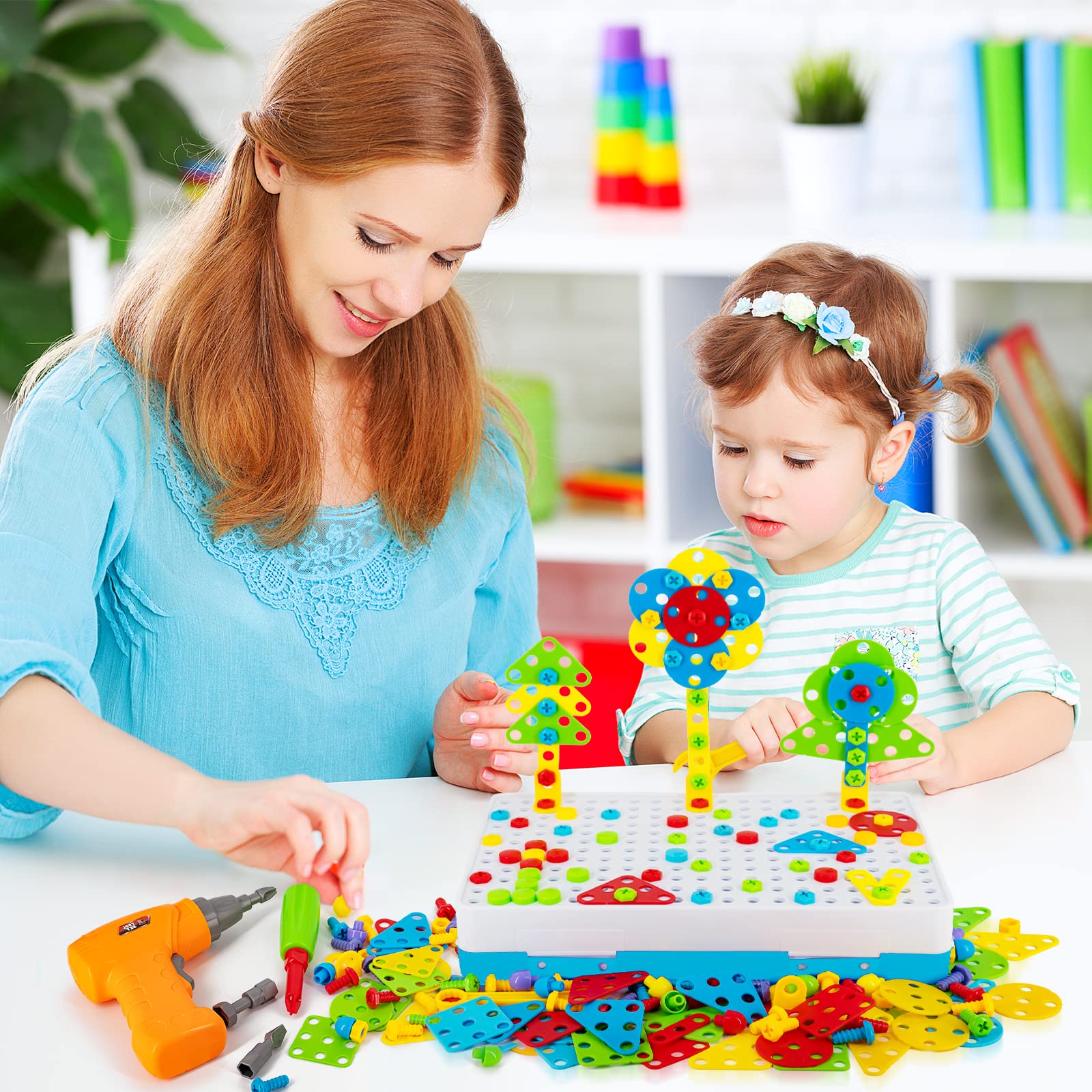 Haifeng STEM Educational Toys for 3-8 Year Old, Creative Mosaic Drill Set for Kids, DIY Electric Drill Puzzle Toys, 3D Construction Games with Toy Drill, Engineering Building Kits for Boys and Girls