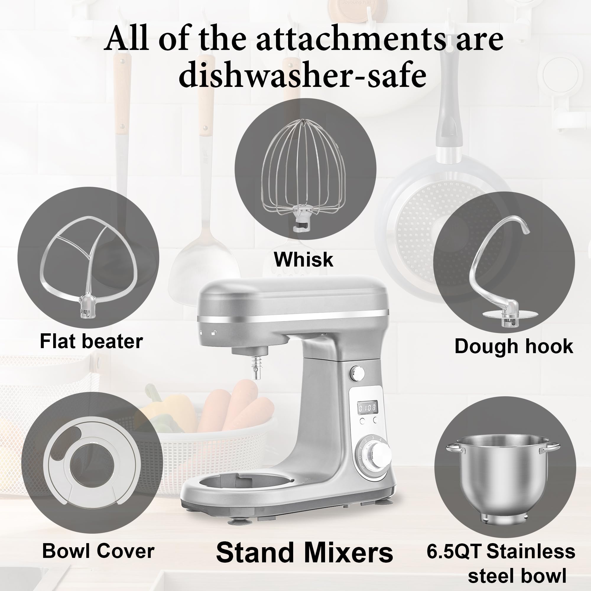 Biolomix Kitchen Electric Stand Mixer, 6-Speed Tilt-Head Food Mixer with 6.5-QT Stainless Steel Bowl, Dough Hook, Flat Beater, Whisk and Anti-Splash Cover (6.5-QT, Light Silver