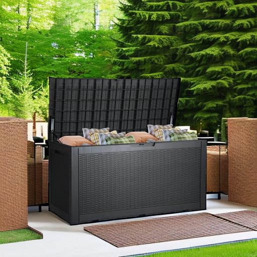 DWVO 100 Gallon Outdoor Storage Box, Large Deck Box Lockable Waterproof and UV Resistant Resin for Gardening Tools, Pool Supplies, Patio Cushions (Black)