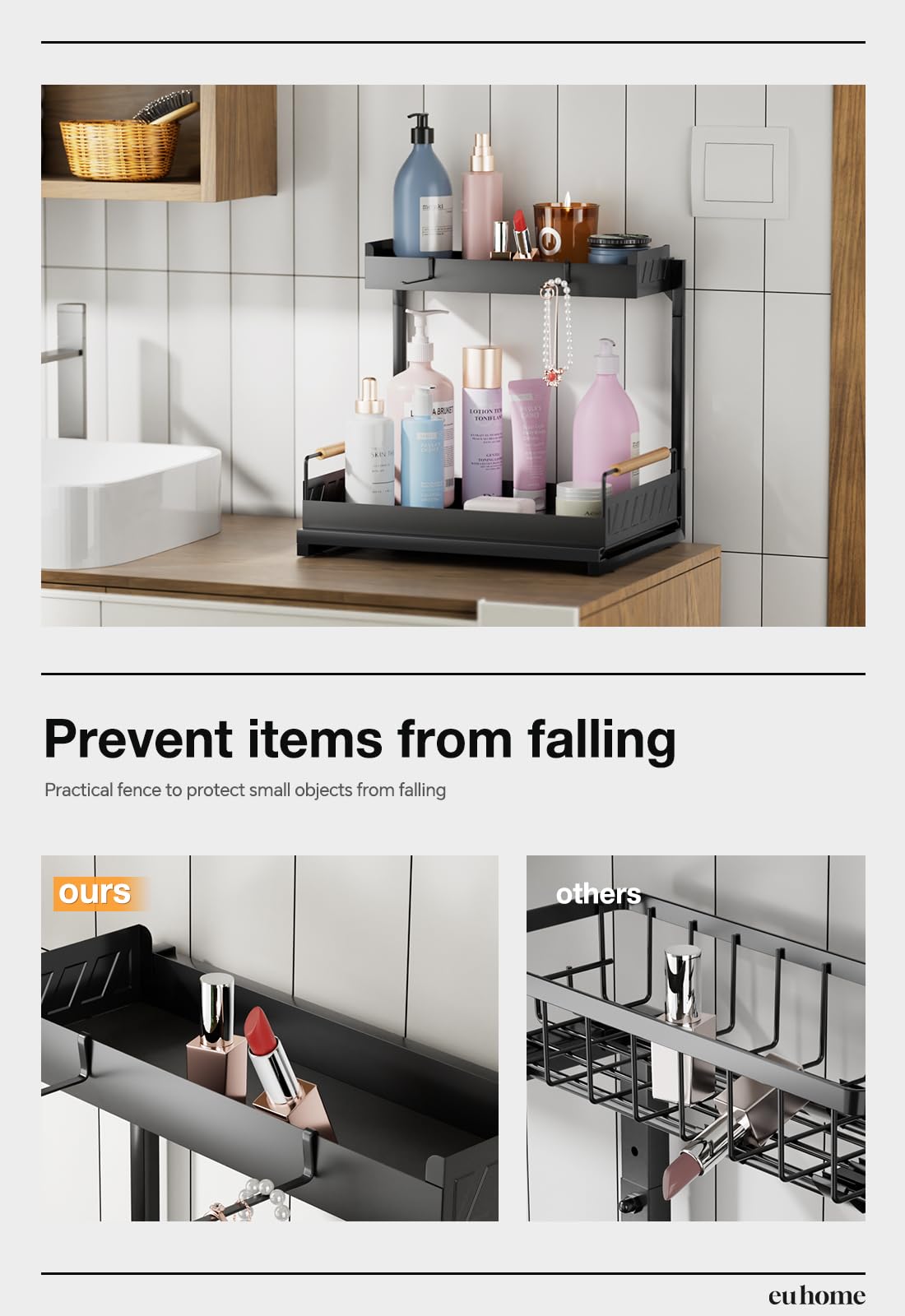 EUHOME Under Sink Organizers and Storage, Kitchen Under Sink Organizer, Slide Out Under Sink Storage for Bathroom 2 Tier Under Cabinet Organizer (Black, 1Pack)