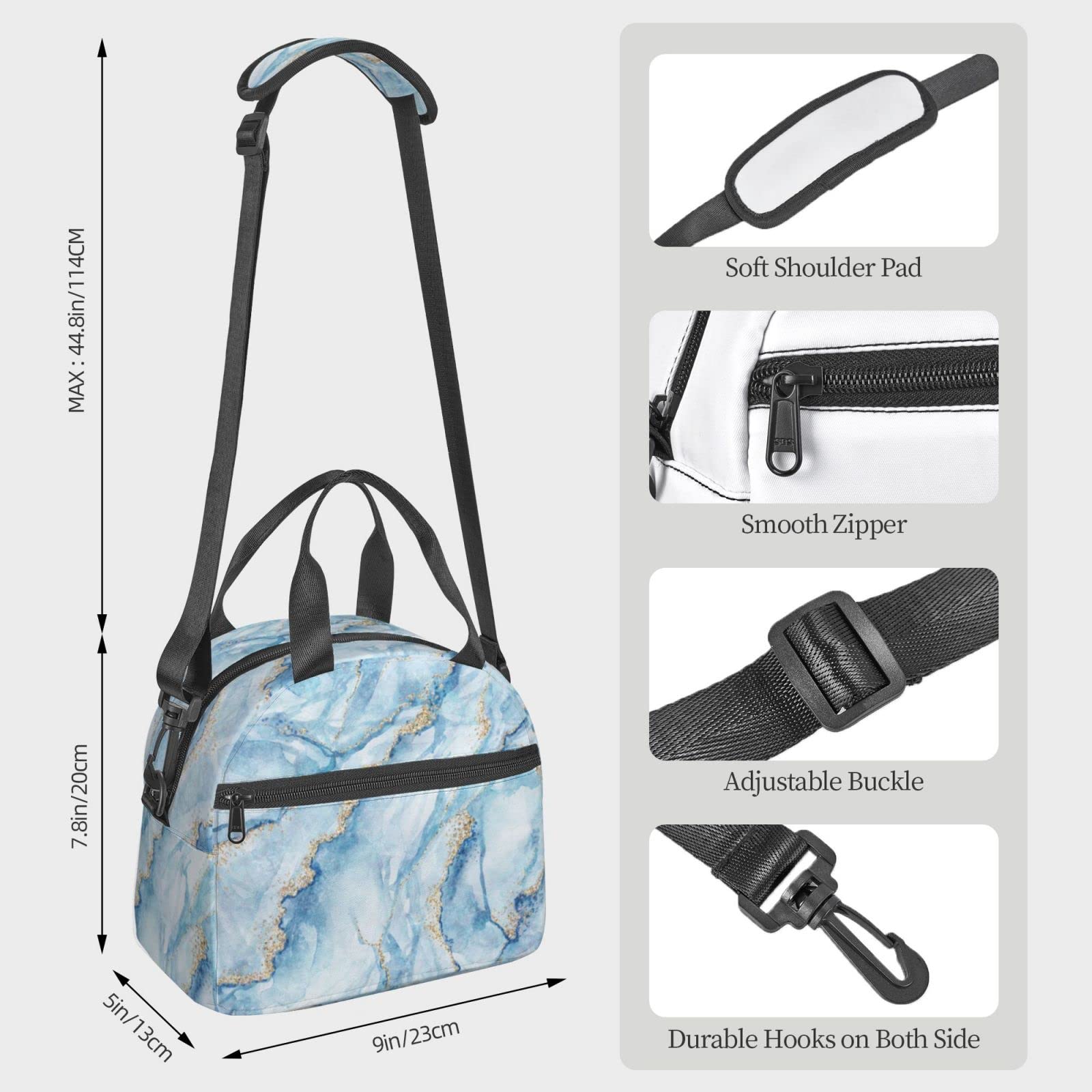 Blue Marble With Gold Glitter Marbling Texture Lunch Bag Reusable Insulated Lunch Tote Bag Lunchbox Container With Adjustable Shoulder Strap For Office Work School Picnic Travel
