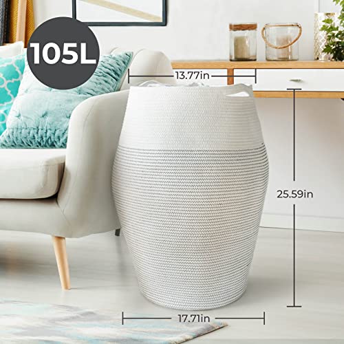 Goodpick Laundry Hamper | Woven Cotton Rope Dirty Clothes Hamper Tall kids Curve Laundry Basket Large, (White, 25.6 x 17.71 Inch)
