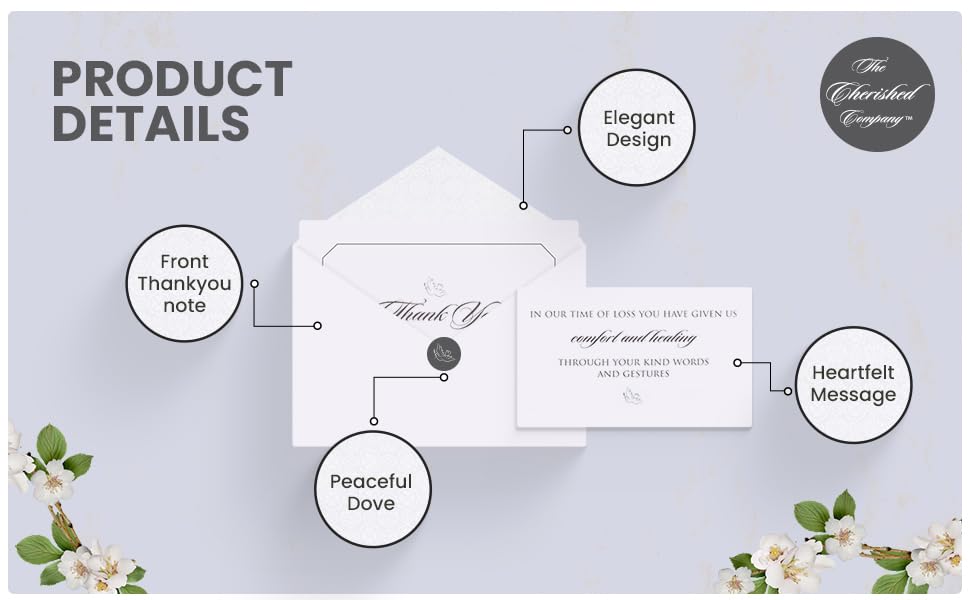 Funeral Thank You Cards with Envelopes | Sympathy Cards with Meaningful Message | Set of 25 with Decorative Envelopes and Stickers for Envelope Closure