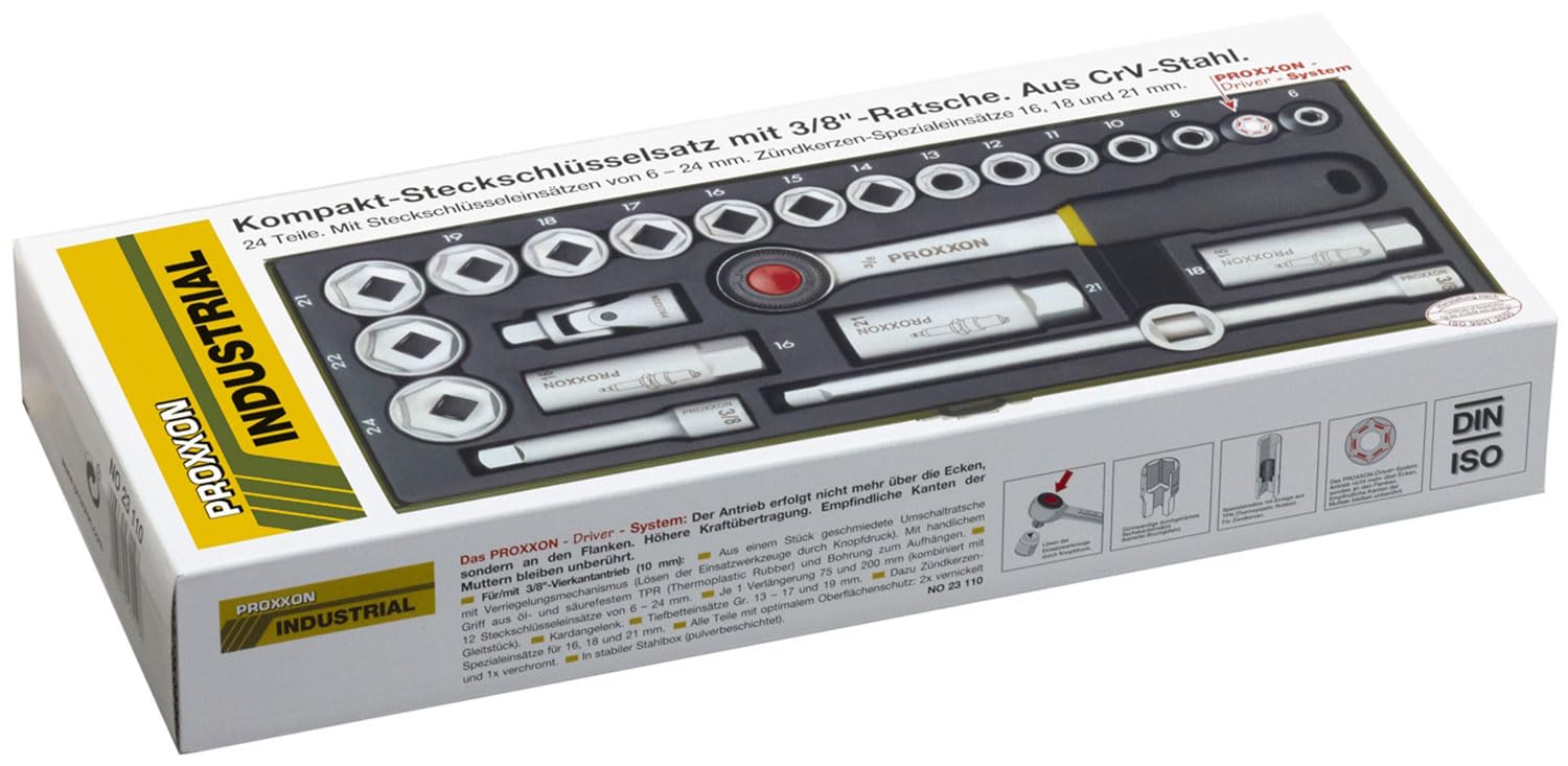 PROXXON 23110 Socket Set, 0 V, Multi-Colour, 3/8-Inch, Set of 24 Piece