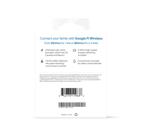 Google Fi Wireless Simply Unlimited Plan | Talk/Text/Data | Unlimited 5G/4G LTE | SIM Kit - 1 Month