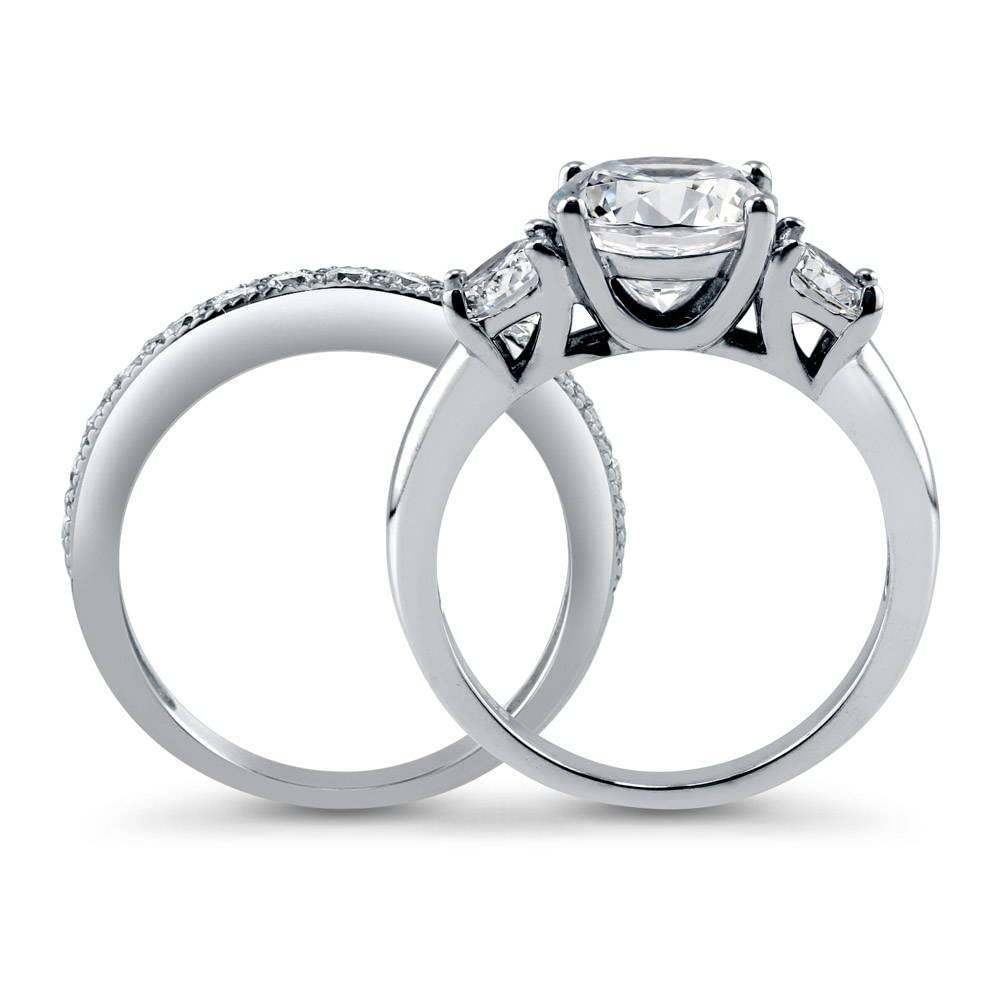 BERRICLE Sterling Silver 3-Stone Wedding Engagement Rings Round Cubic Zirconia CZ Ring Set for Women, Rhodium Plated Size 6