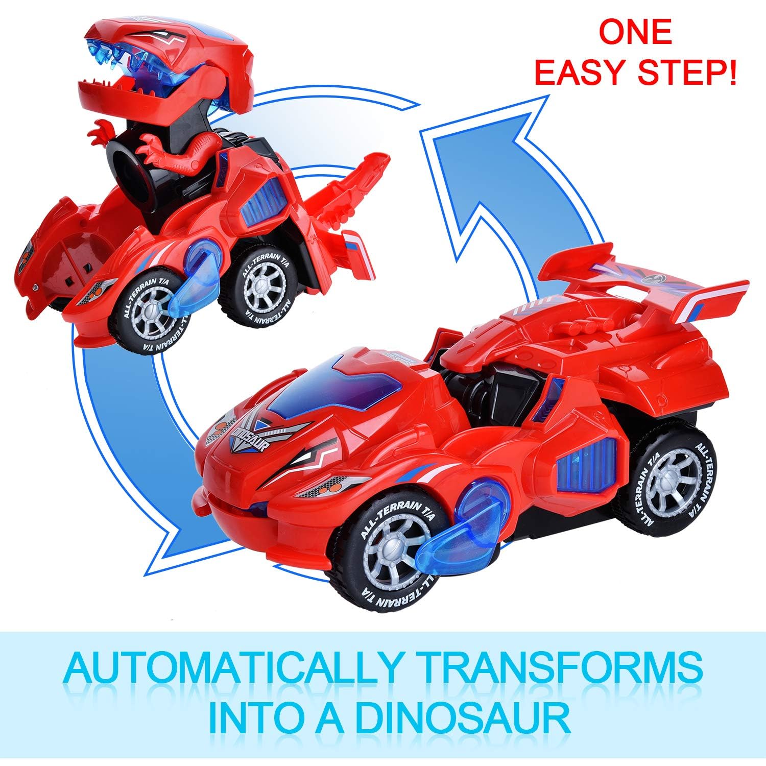 Sunnhan Transforming Toys, 2 in 1 Transforming Dinosaur LED Car Dinosaur Transform Car Toy Automatic Dinosaur Dino Transformer Toy Car Lamps for Kids,Toddlers ( Ages 3-12, Red)