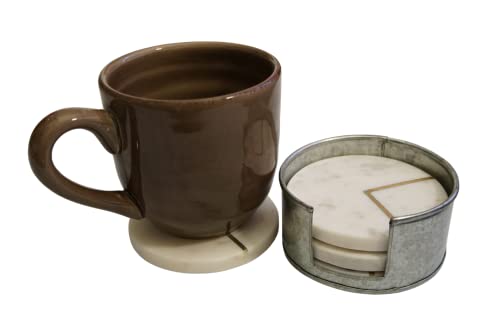 Hand Carved Natural White Marble Coasters - Set of 4 Half Mango Wood or Half Brass - Round Marble Coasters Set for Drinks. Brass/Wood & Marble Home Decor - Marble Coaster Set (Marble & Brass)