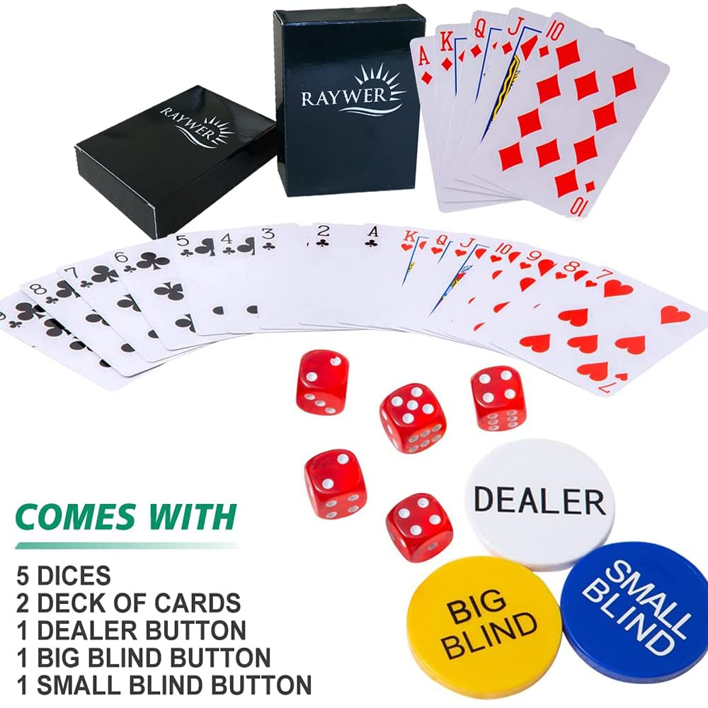RAYWER 300 pcs Casino Chip Poker Set in Aluminum Case (11.5 Gram Chips), 2 Decks of Cards, 5 Dice, 3 Buttons for Texas Holdem Blackjack