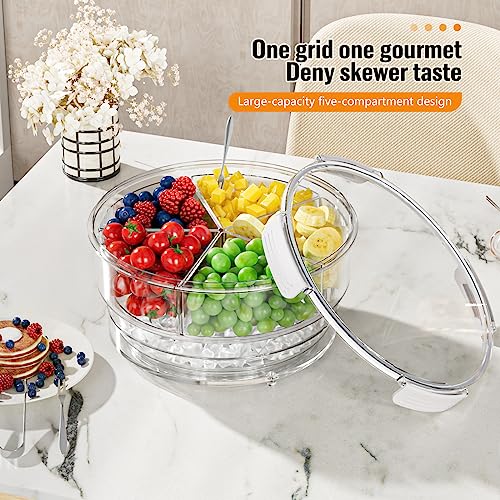 caktraie Condiment Tray [with 360° Rotating Tray Turntable] Stainless Steel 5 Spoons, 5 Forks and 1 Clip, Bar Ice Fruit Holder, Condiment Server, Compartment Tray with Lid