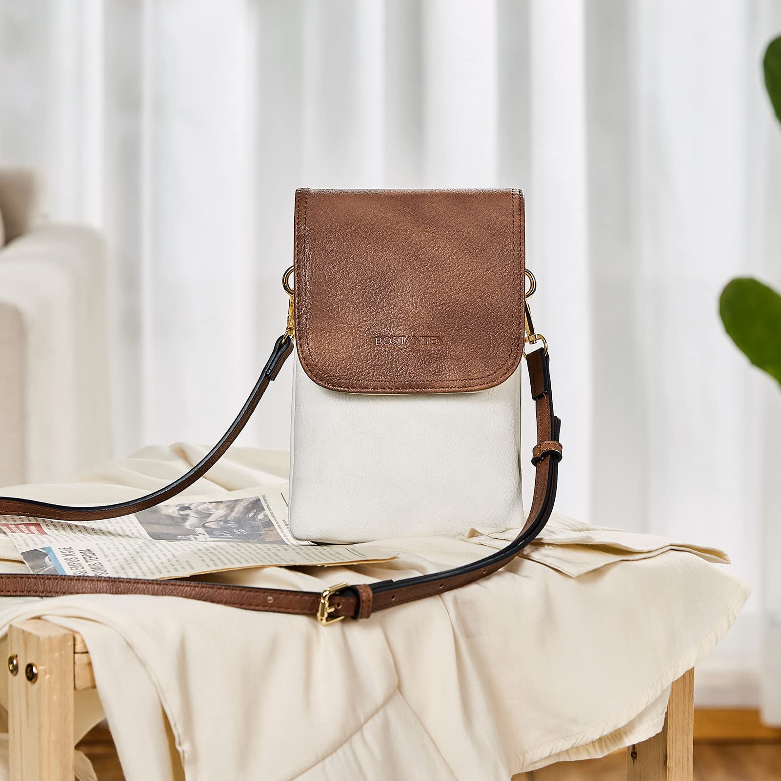 BOSTANTEN Leather Small Crossbody Bags for Women Designer Cell Phone Bag Wallet Purses Adjustable Strap White with Brown